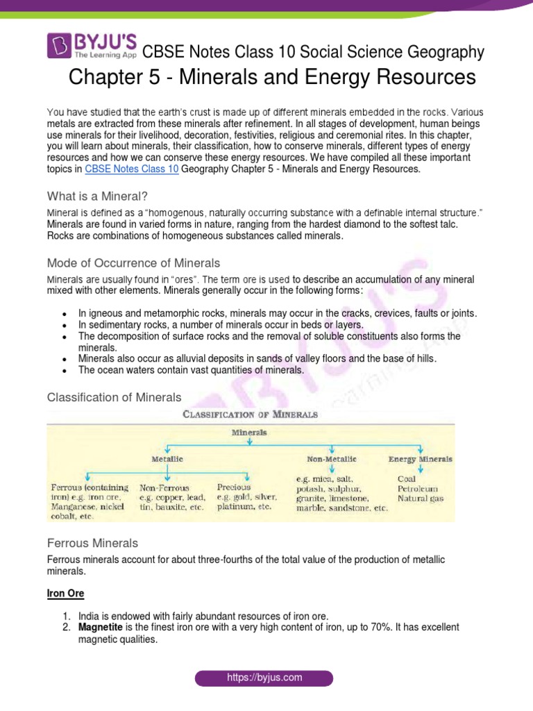 Chapter 5 - Minerals and Energy Resources: CBSE Notes Class 10 Social ...