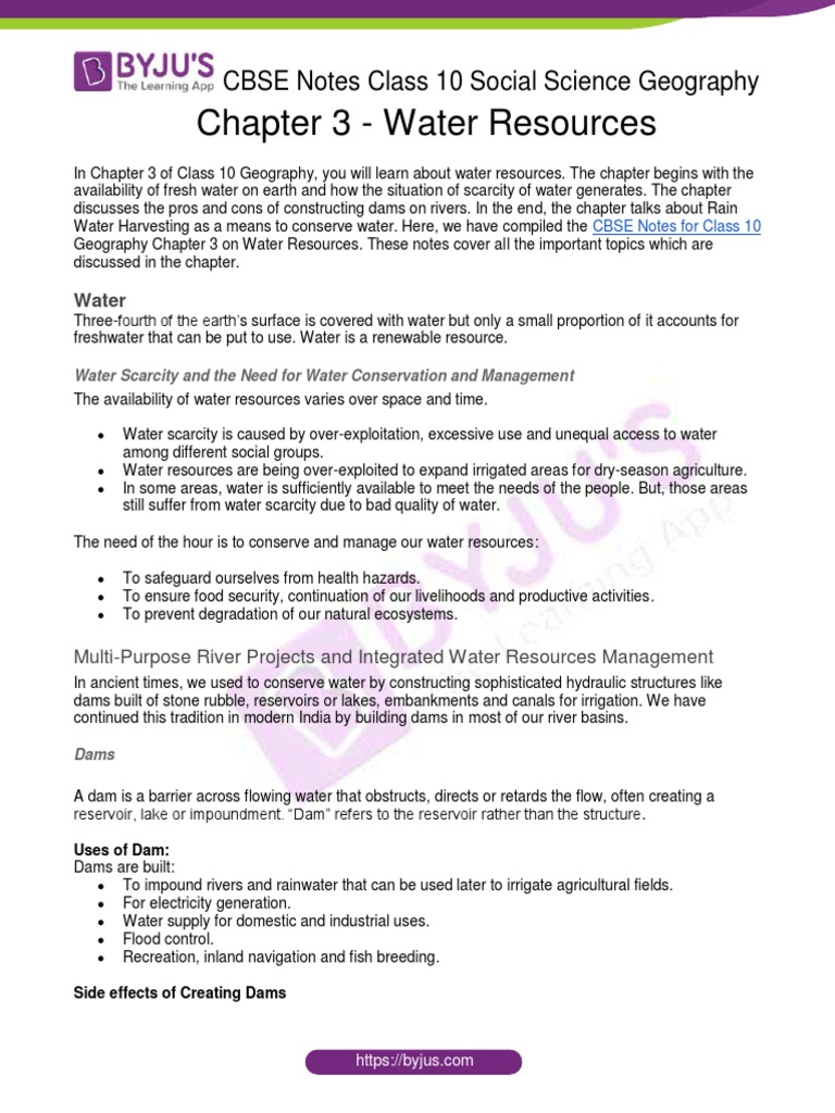 Chapter 3 - Water Resources: CBSE Notes Class 10 Social Science ...