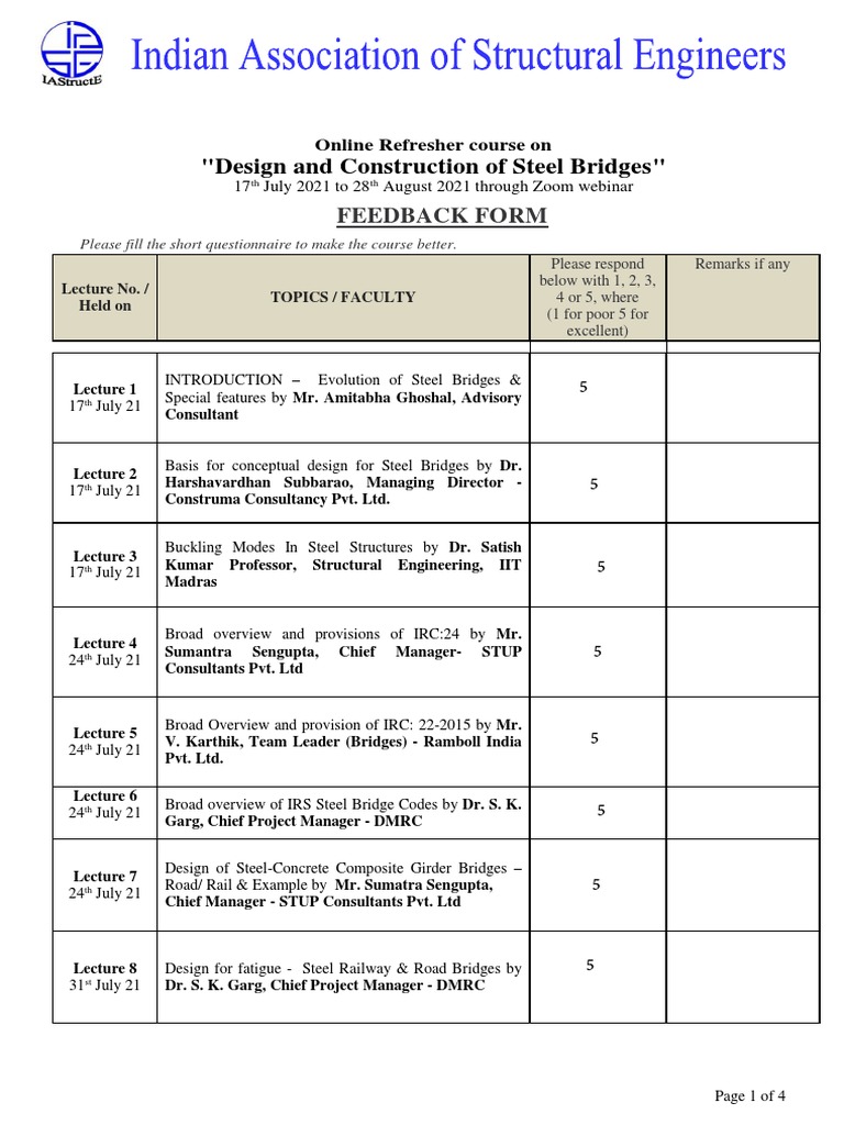 FEEDBACK FORM - Steel Bridge Course | PDF | Civil Engineering ...