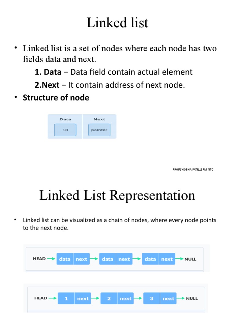 Linked List Linked List Is A Set Of Nodes Where Each Node Has Two Fields Data And Next Pdf