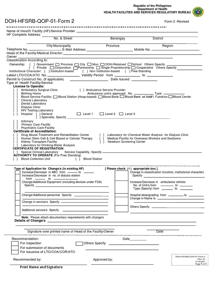 DOH-HFSRB-QOP-01-Form 2 A: Print Name and Signature | PDF | Clinic ...