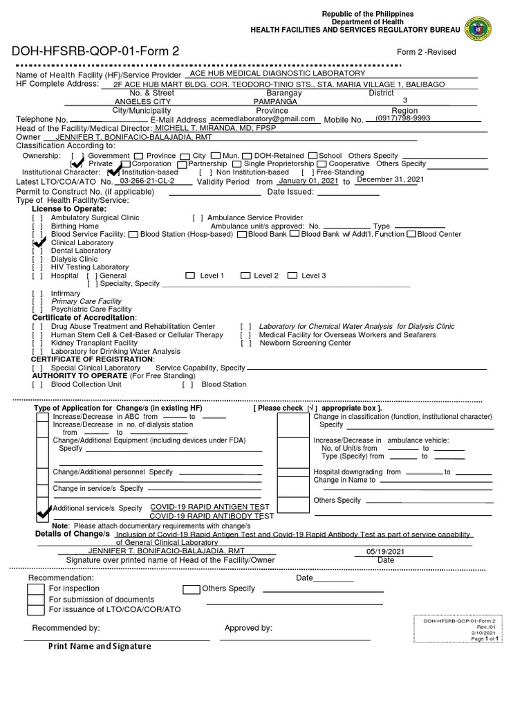 DOH-HFSRB-QOP-01-Form 2 A: Print Name and Signature | PDF | Clinic ...