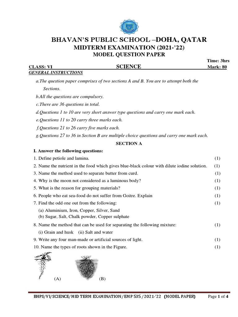 Class Vi Science Midterm Model 2021-22 | PDF | Solubility | Water