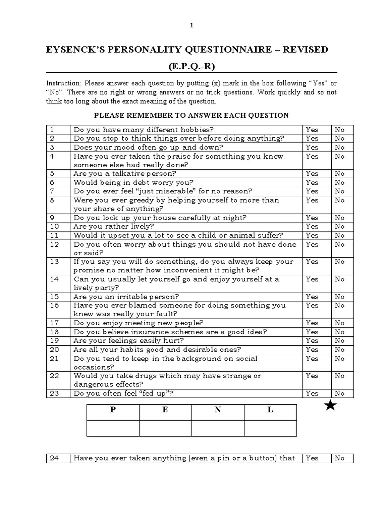 Eysenck'S Personality Questionnaire - Revised (E.P.Q.-R) : Please ...