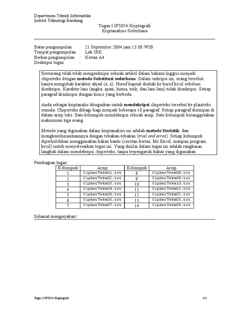 Tugas Kriptografi: Kriptanalisis Substitusi | PDF