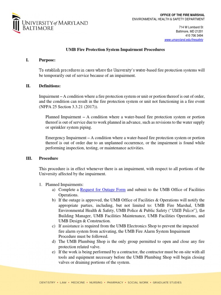 UMB Fire Protection System Impairment Procedures I. Purpose | PDF ...