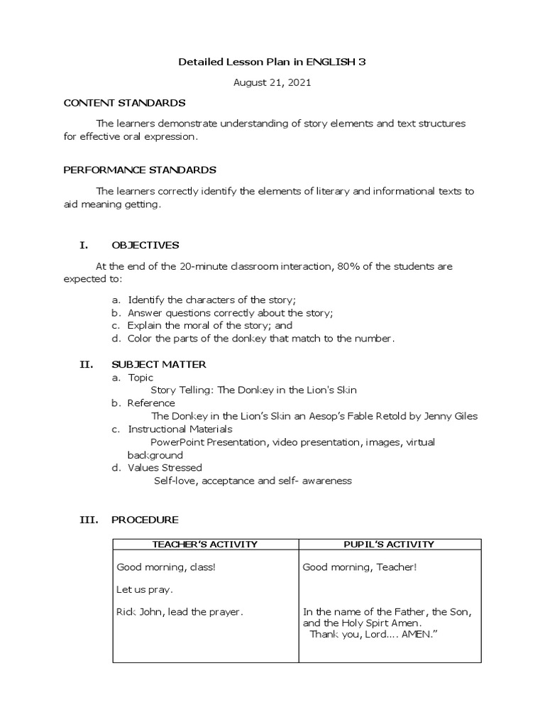 Detailed Lesson Plan in ENGLISH 3: Teacher'S Activity Pupil'S Activity ...
