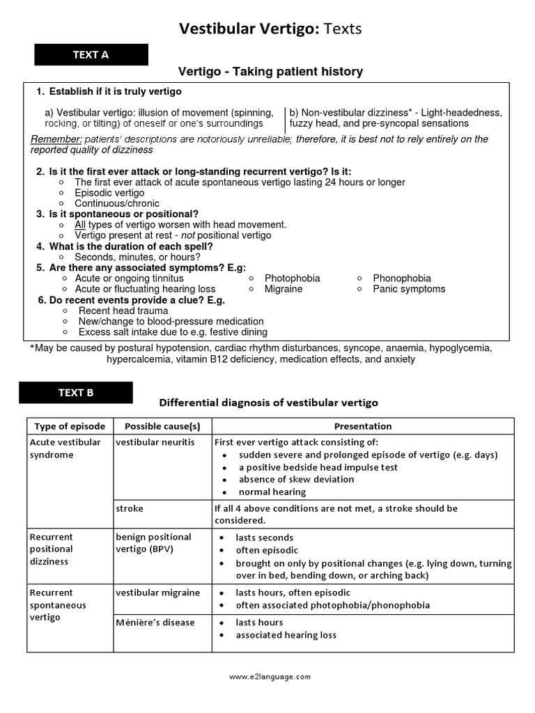 Vestibular Vertigo: Texts: Text A | PDF | Vertigo | Medicine