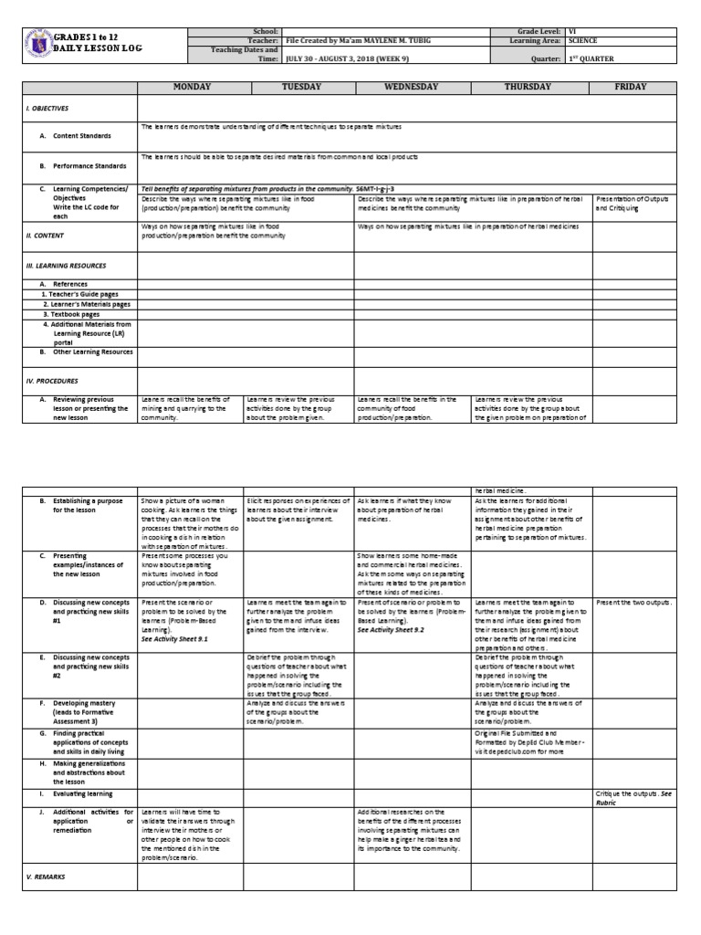 GRADES 1 To 12 Daily Lesson Log: I. Objectives | PDF | Learning | Cognition