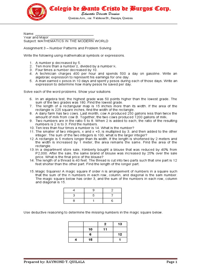 Assignment 3 Number Patterns and Problem Solving | PDF | Numbers | Area