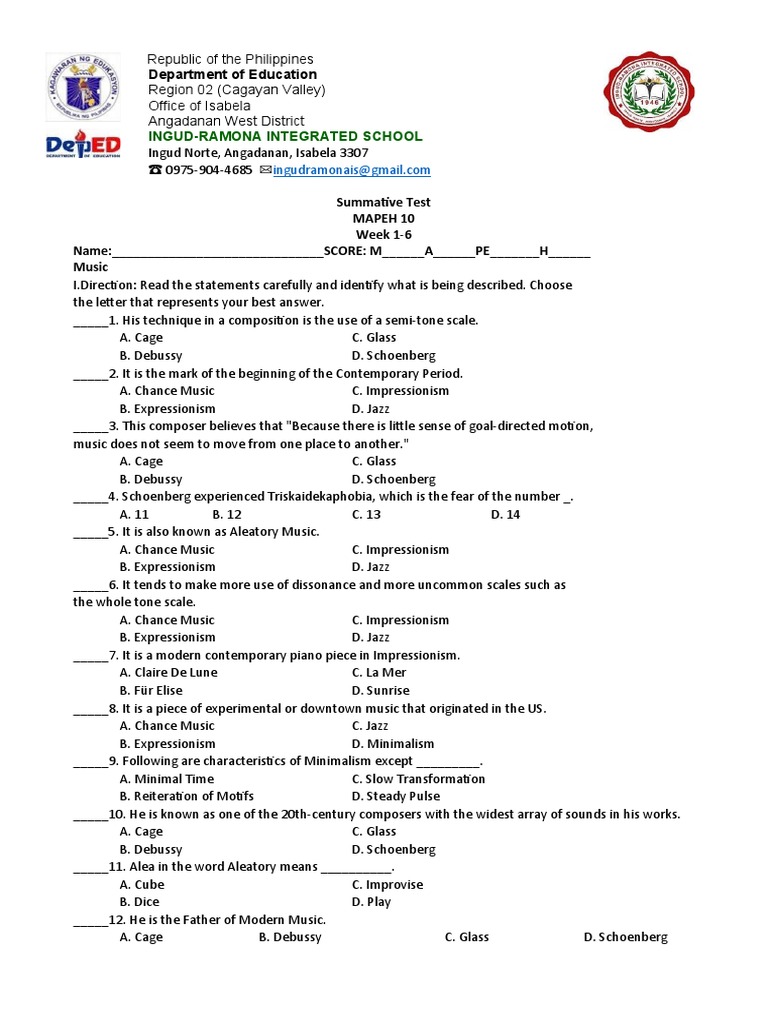 G10 MAPEH Summative Q1 | PDF | Asana | Composition (Visual Arts)