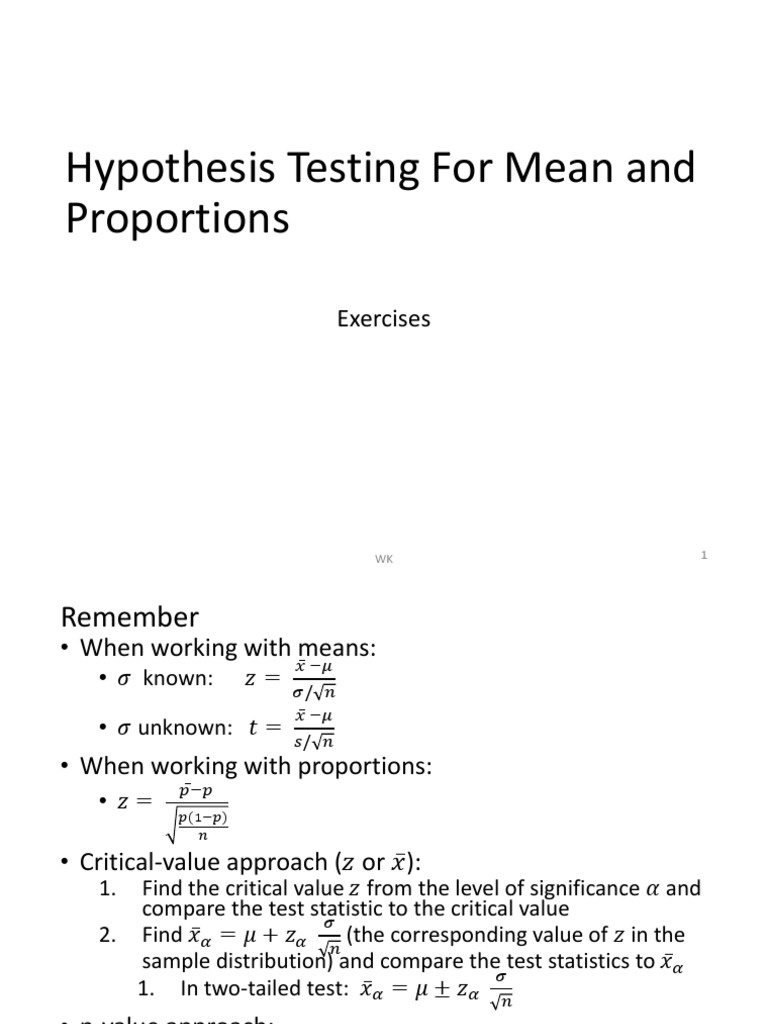 Exercises Ch9 Hypo Tests Mean Proportions | PDF | P Value | Statistical ...