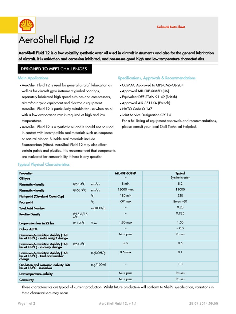 Aeroshell Fluid 12: Main Applications Specifications, Approvals ...
