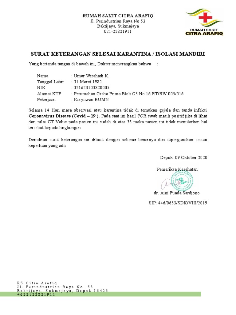 Surat Keterangan Selesai Isolasi Mandiri SIP Aini | PDF