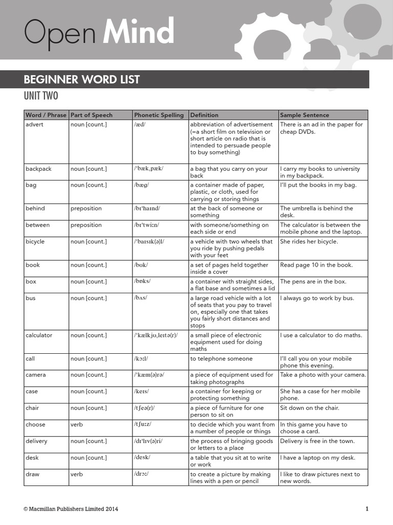 Wordlist Unit 2 Openmind | PDF | Noun | Word