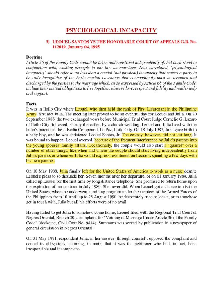 Psychological Incapacity Cases | PDF | Marriage | Annulment