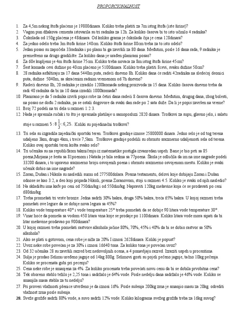 Proporcionalnost, Zadaci Za Vezbanje | PDF