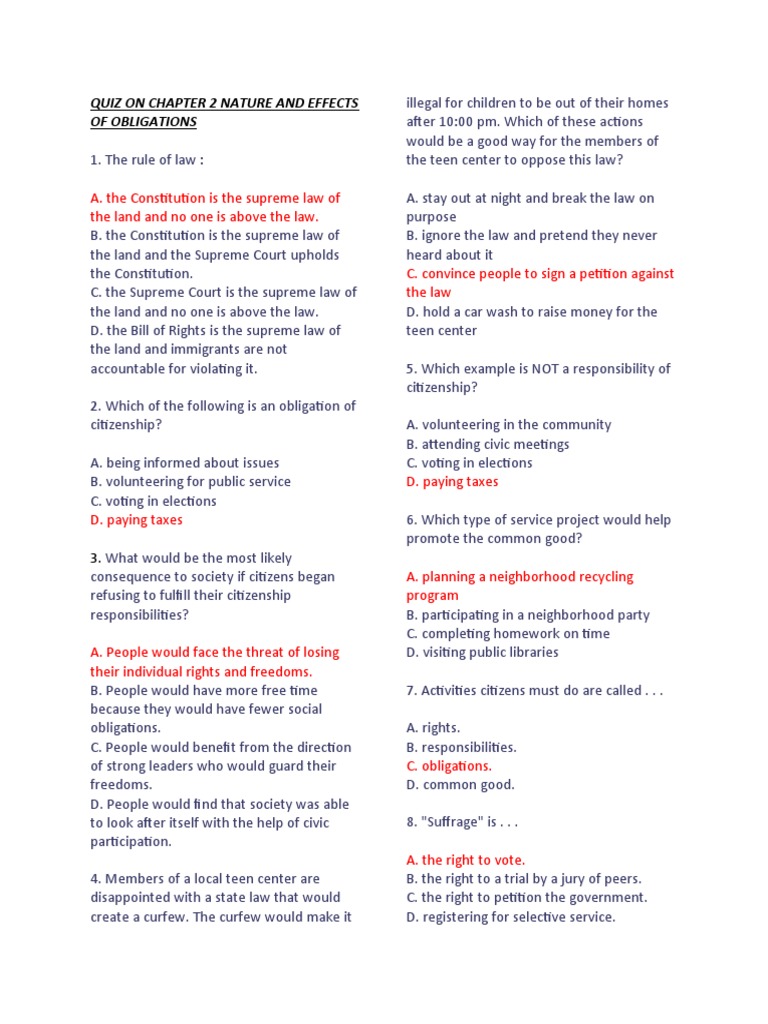 Chapter 2 Obligations Quiz | PDF | Citizenship | Suffrage