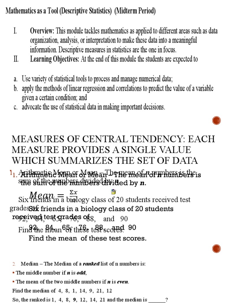 Mathematics As A Tool (Descriptive Statistics) (Midterm Period) Overview: This Module Tackles ...