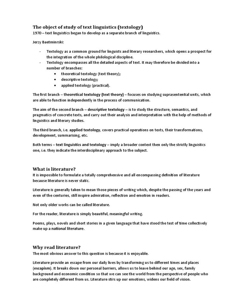 The Object of Study of Text Linguistics (Textology) | PDF | Metre ...
