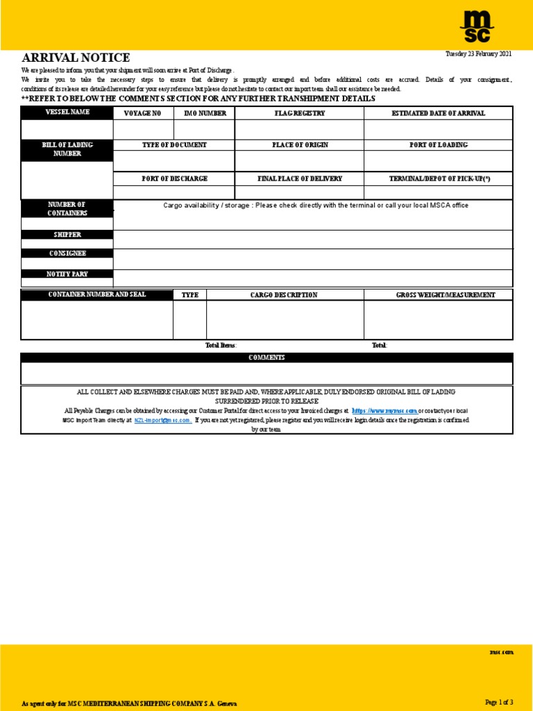 Arrivalnotice New | PDF | Bill Of Lading | Indemnity