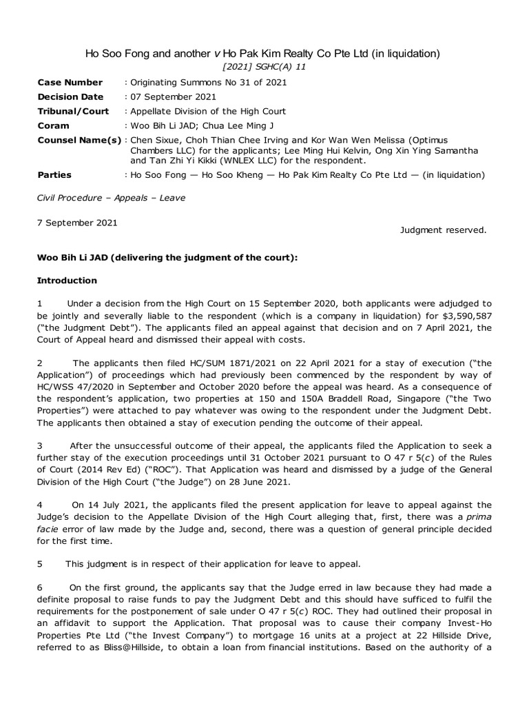 Ho Soo Fong and Another V Ho Pak Kim (2021) SGHC (A) 11 | PDF ...