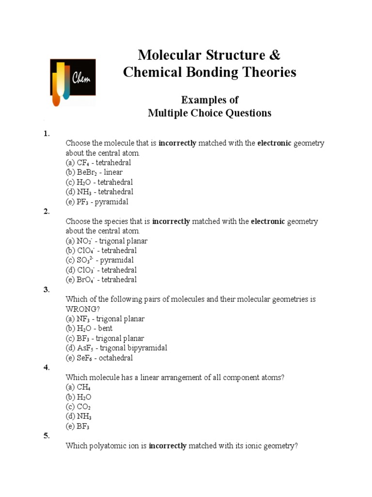 Chemistry MCQs: Molecular Structure & Bonding | PDF | Chemical Bond ...