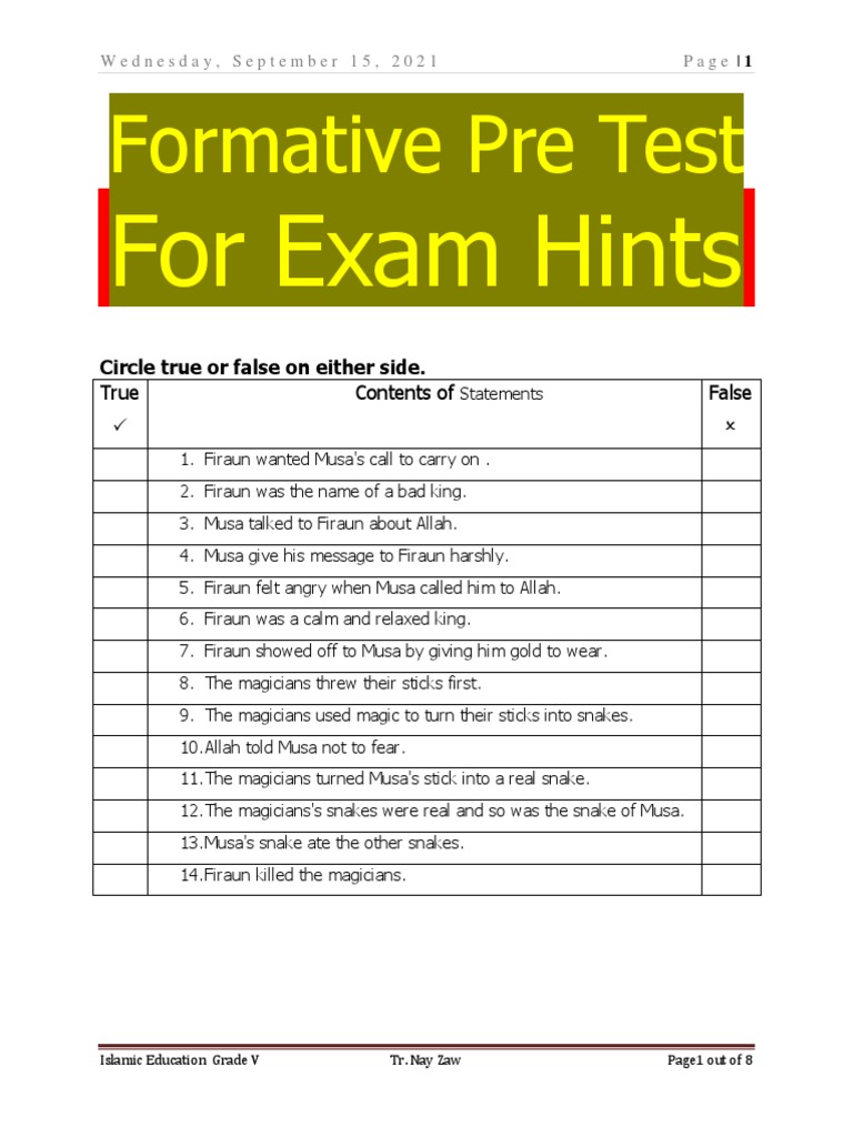 For Exam Hints: Formative Pre Test | PDF | Moses In Islam | Abrahamic ...