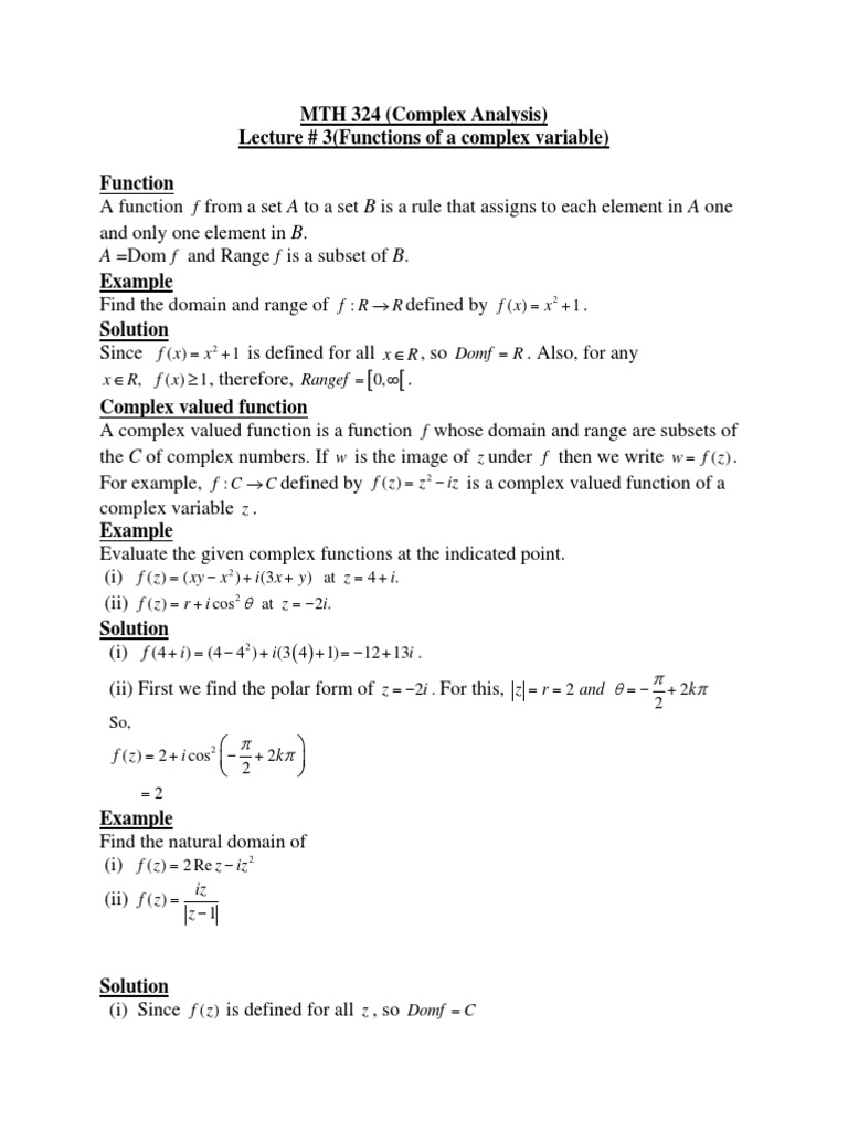 MTH 324 (Complex Analysis) Lecture # 3 (Functions of A Complex Variable) Function | Download ...