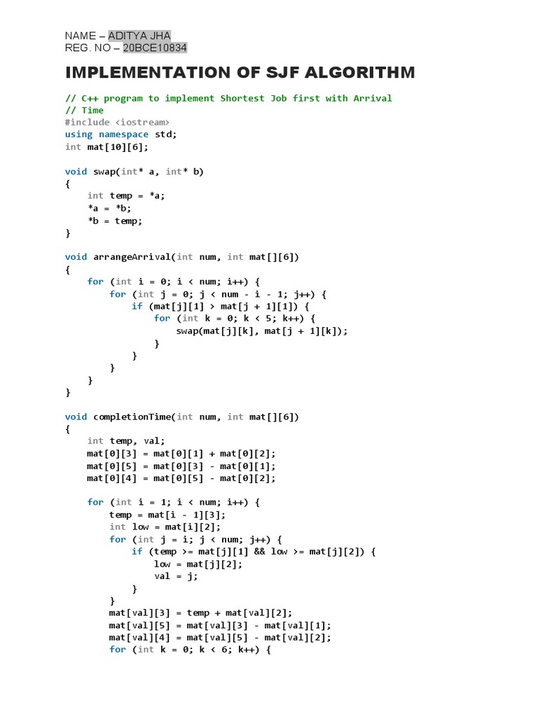 Implementation of SJF Algorithm | PDF | Computer Programming | Software Engineering