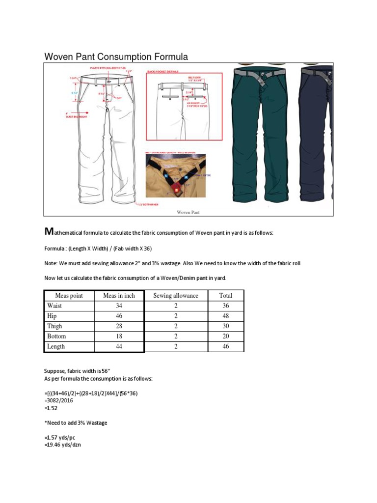 Woven Pant Consumption Formula | PDF | Clothing | Softlines (Retail)