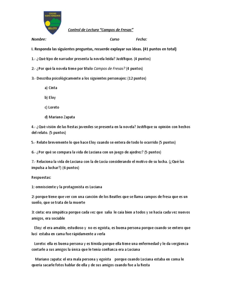 Control de Lectura Campos de Fresas | PDF