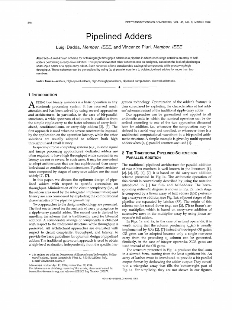 Pipelined Adders | PDF | Electrical Engineering | Arithmetic