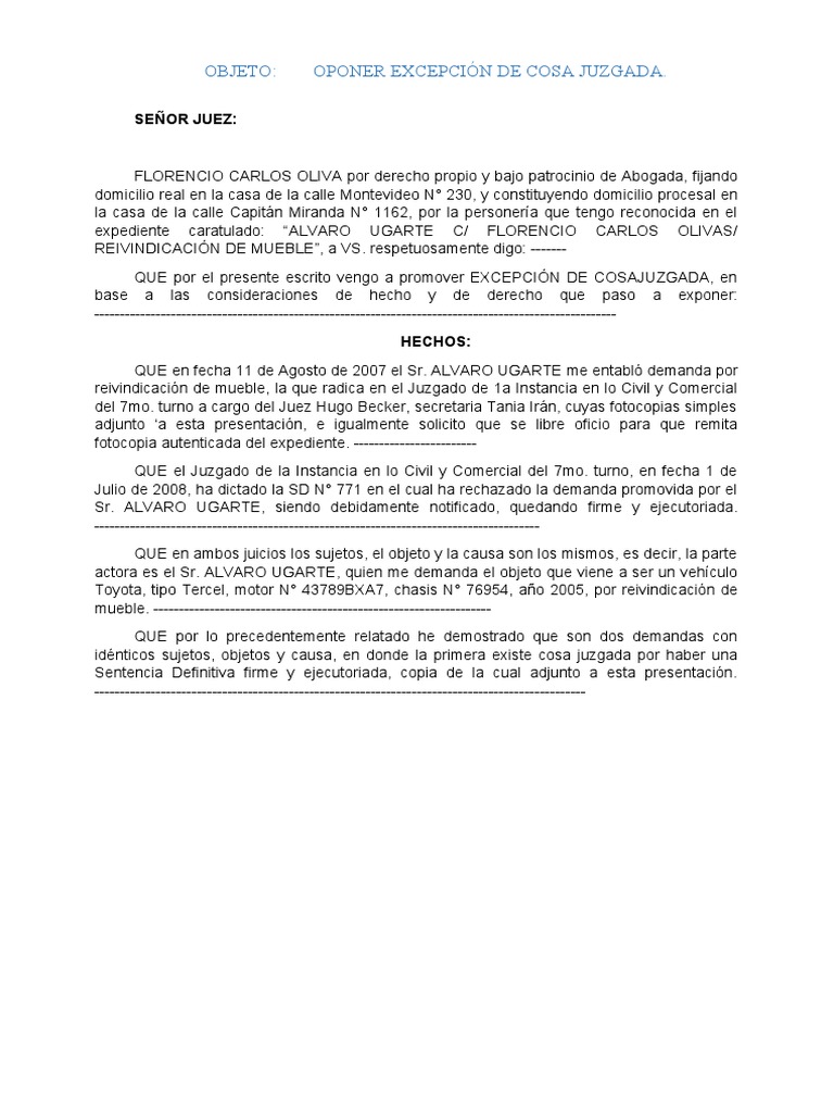 Excepcion de Cosa Juzgada ORDINARIO | PDF | Demanda judicial ...