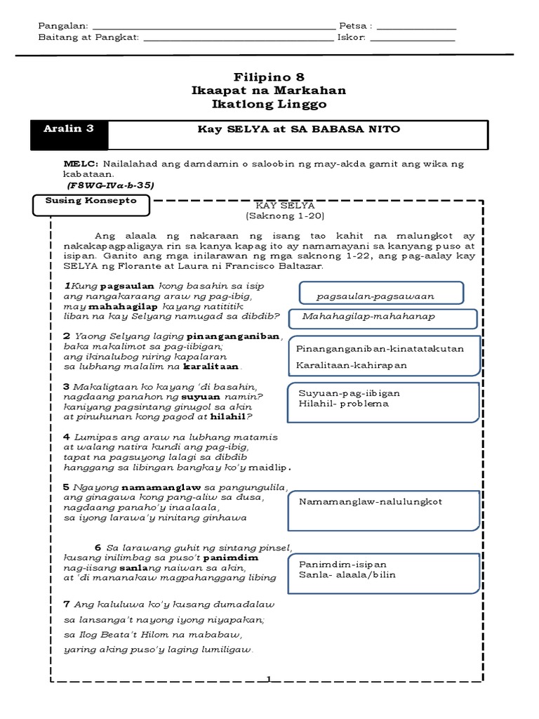 Filipino 8 Q4 Week 3 - Kay SELYA at SA BABASA NITO | PDF
