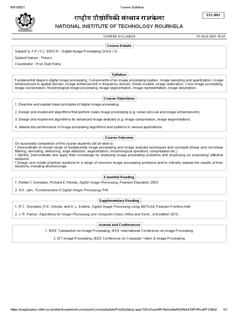 Course Syllabus of Digital Image Processing (EE6131) | PDF | Data Compression | Image Segmentation