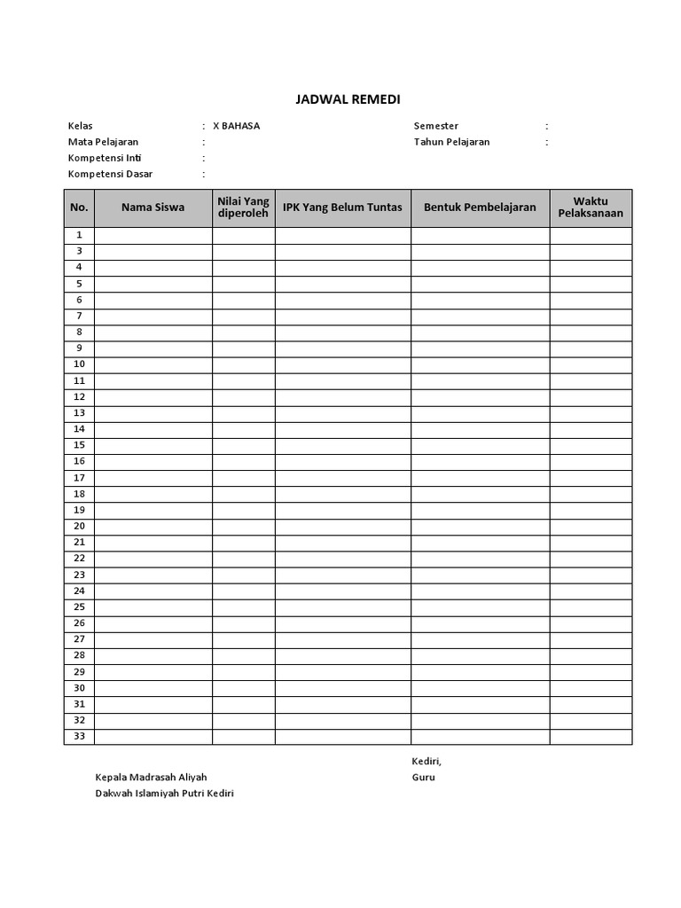 Form Jadwal Remidi Kls X | PDF