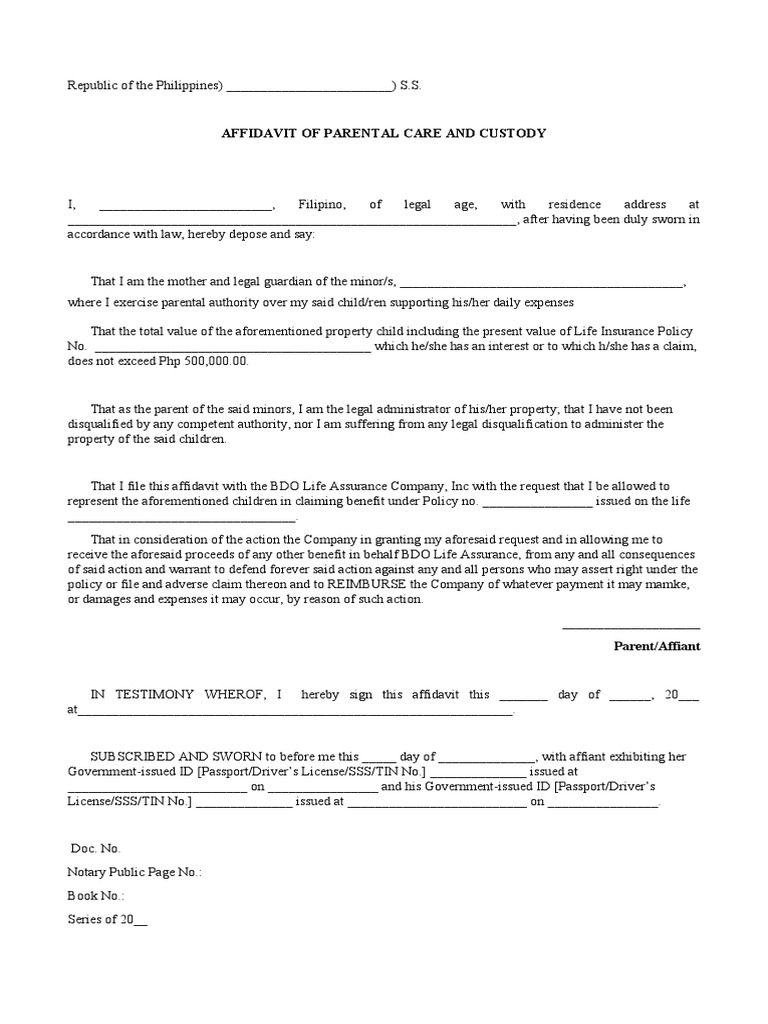 Affidavit of Parental Care and Custody | PDF | Affidavit | Common Law