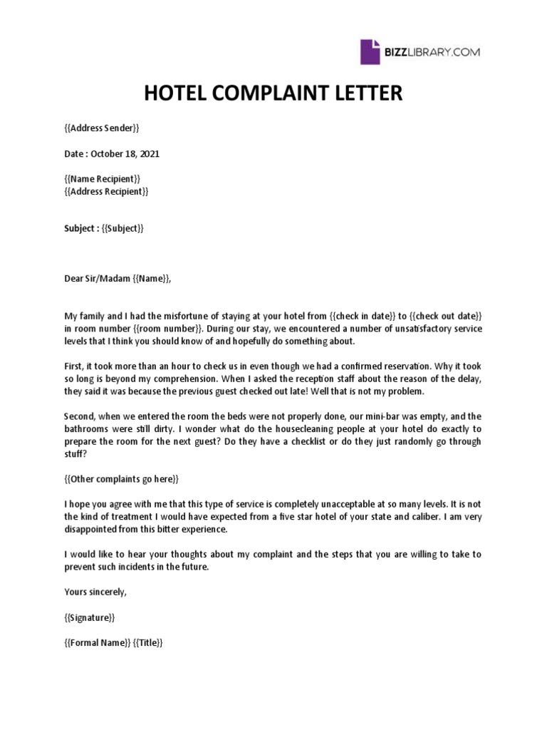 Hotel Service Complaint Letter Template | PDF | Law