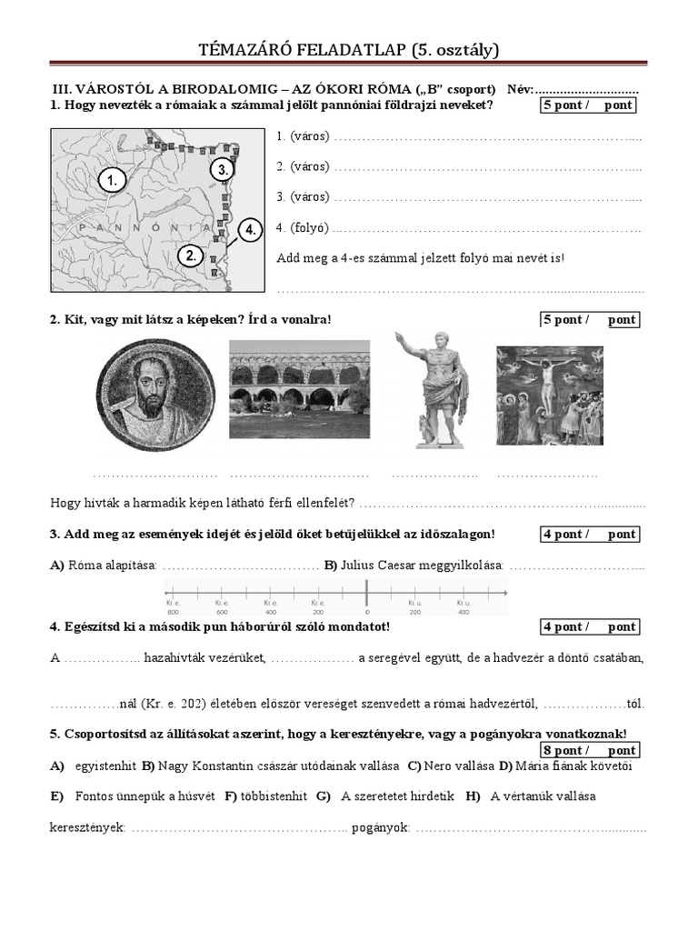 5, O, III. Várostól A Birodalomig - Az Ókori Róma - B Csoport (5. Osztály Témazáró Feladatlap) | PDF