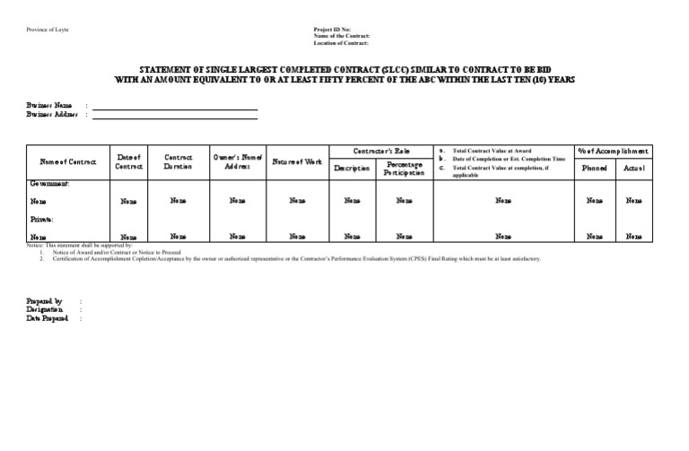 Sample of Statement of Single Largest Completed Contract (SLCC) | PDF ...