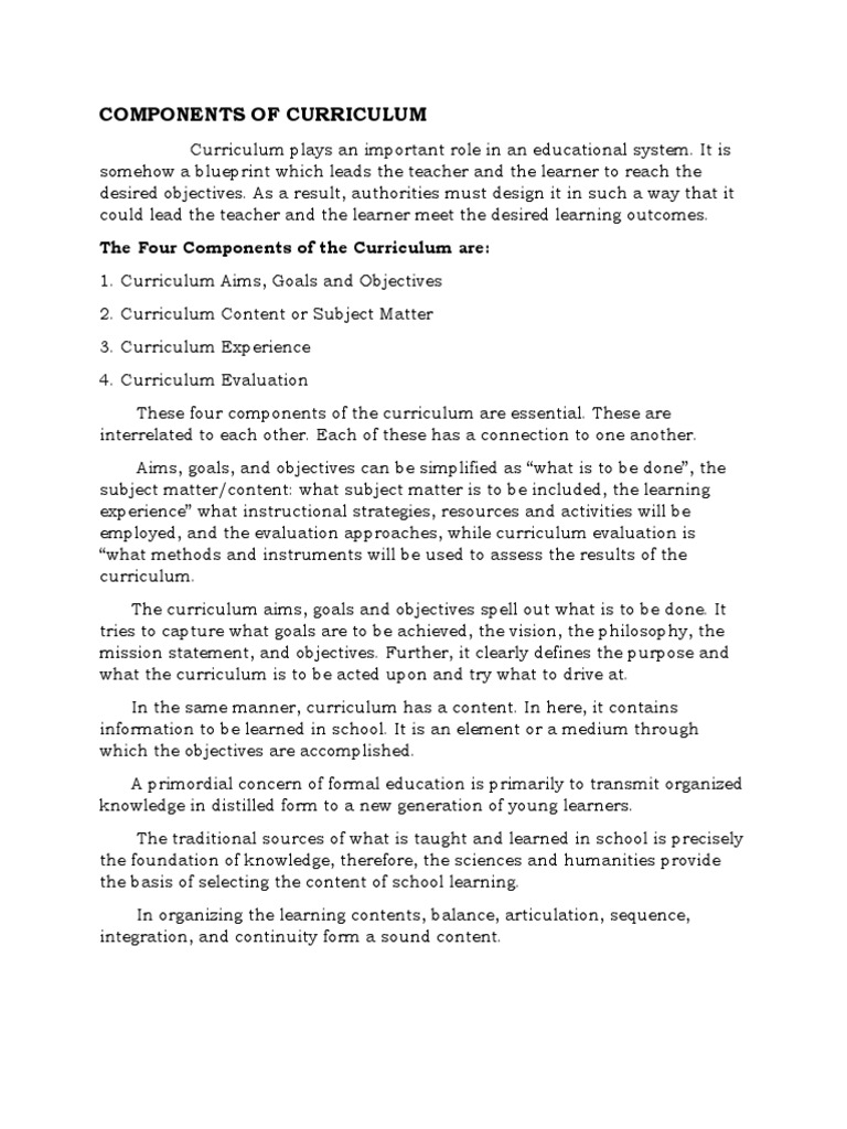 Components Of Curriculum PDF Curriculum Learning