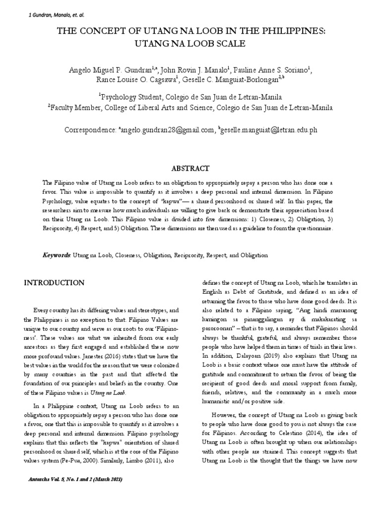 The Concept of Utang Na Loob in The Philippines: Utang Na Loob Scale ...