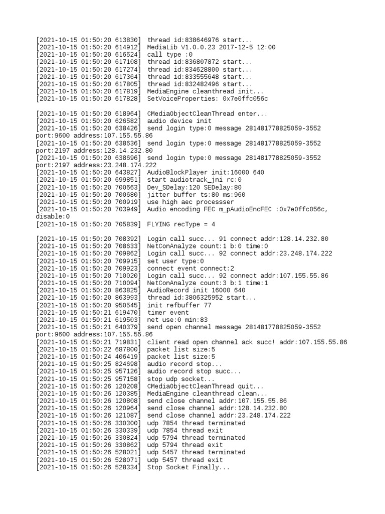 Log file documenting initialization and operation of an audio processing system | PDF | Network ...