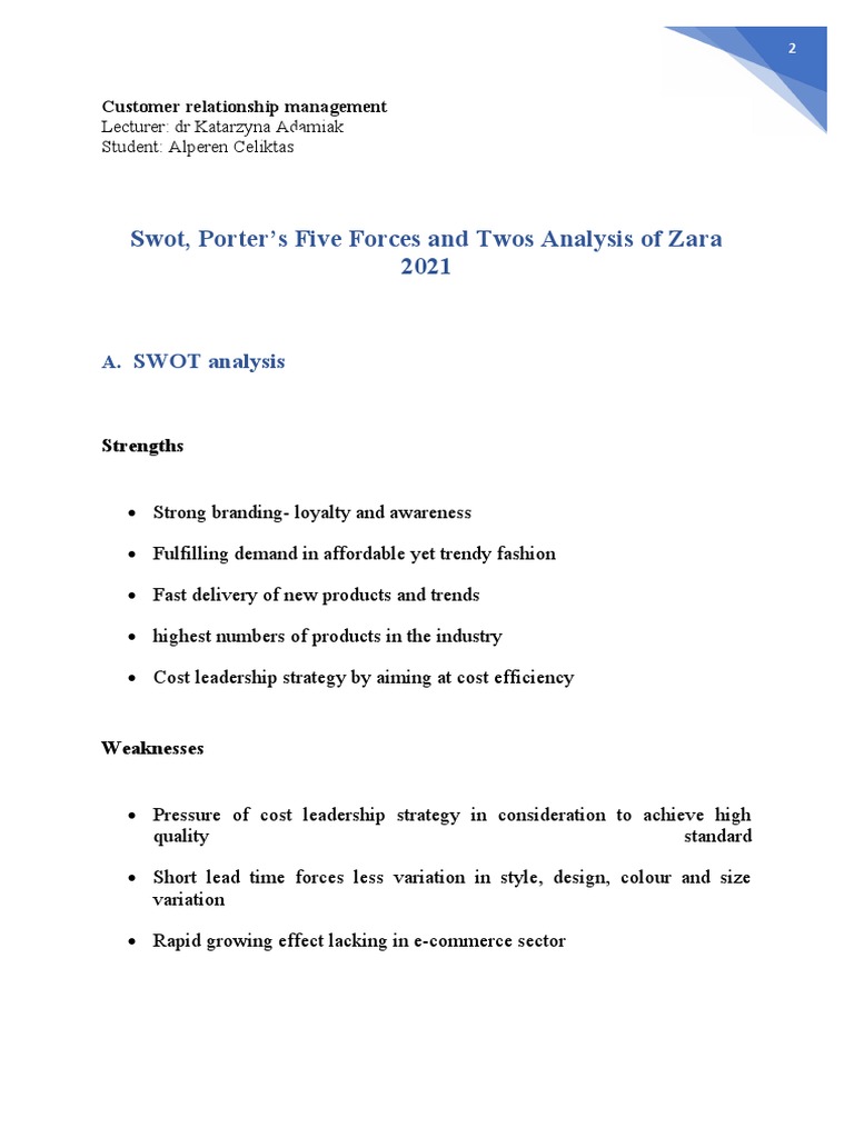 Swot, Porter's Five Forces and Twos Analysis of Zara 2021 | PDF | E ...