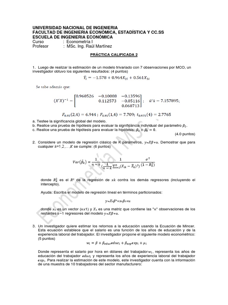 Segunda práctica calificada de Econometría I | PDF | Mínimos cuadrados ordinarios | Análisis de ...