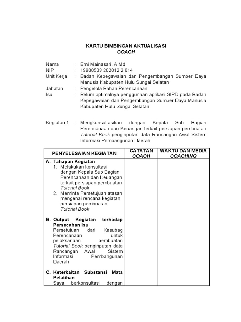 Contoh Kartu Bimbingan Aktualisasi Coach | PDF