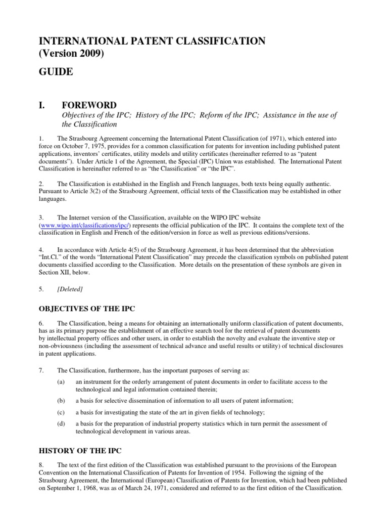 International Patent Classification (Version 2009) Guide: I. Foreword ...