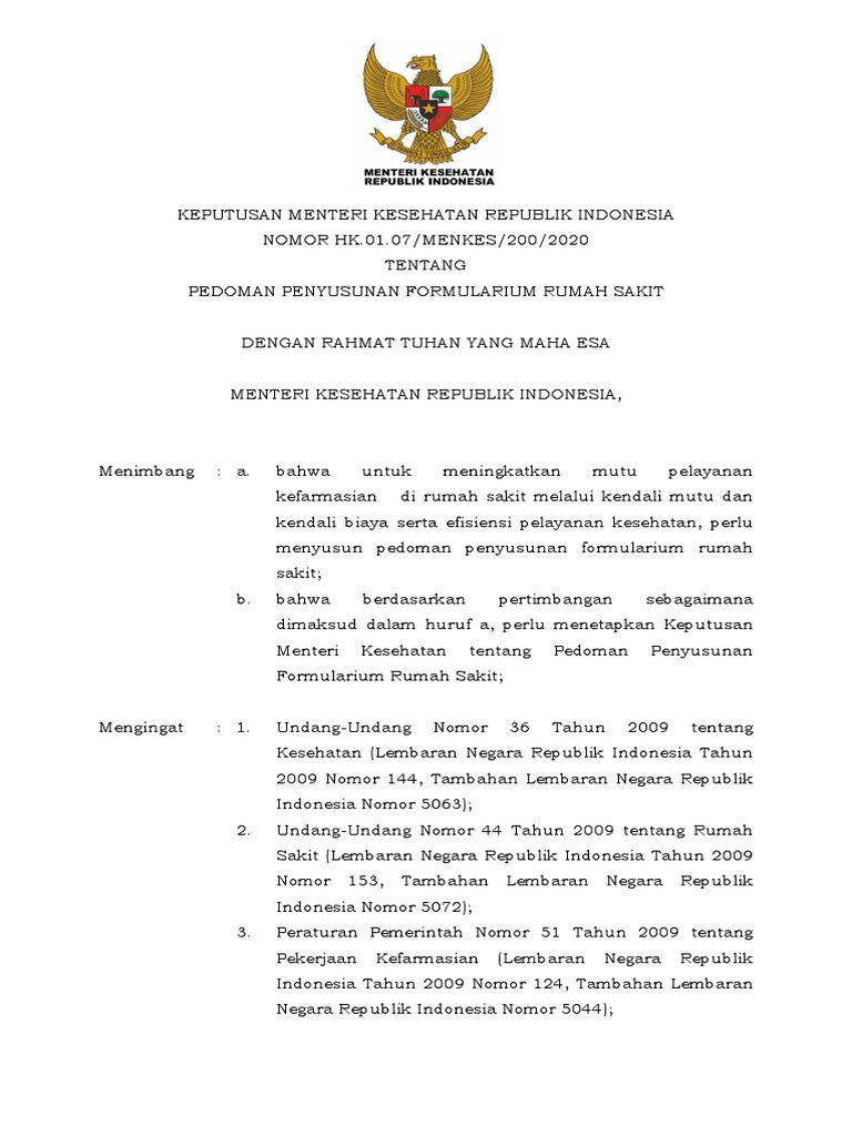 Kmk 2020 Ttg Pedoman Penyusunan Formularium Rumah Sakit Pdf