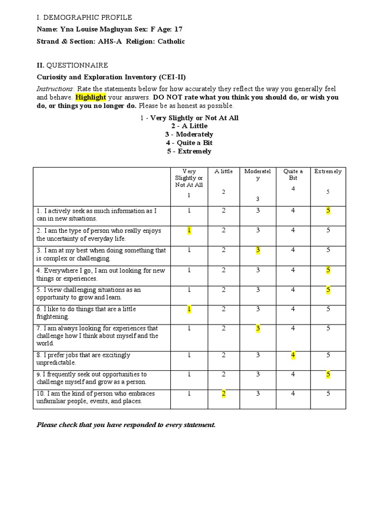 Week 3 Self Report Questionnaire Curiosity and Exploration Inventory ...